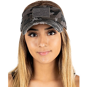 Vintage Distressed Visor Hat: American Flag - Black Camo