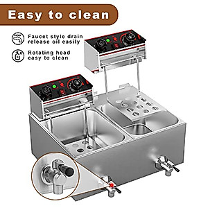 Commercial Deep Fryer with Basket 2 x 6.3QT/6L Electric Fryer with Drain Valve&Time Controller&Temperature Controller Countertop Large Stainless Steel 2 Baskets French Fry Fish Fat Fryer