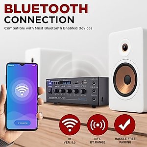 Pyle Compact Mini Home Power Amplifier - 40W Smart Small Audio Stereo Receiver w/ AUX 2 Microphone IN COM/8-Ohm/25V/70V Speakers LED Input Selector For PA Amplified Speaker Sound System PCM20A
