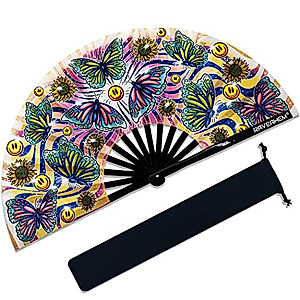 Raveahem UV Glow Rave Fan, Bamboo Folding Clack Hand Fan for Men Women (Butterfly, Large 13")
