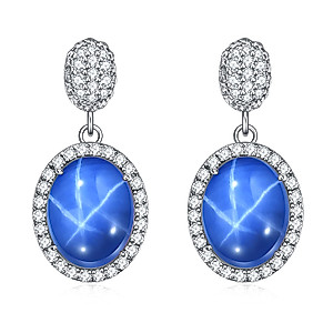 3.63CT Lab Star Sapphire Dangle Earrings - Gem's Beauty Genuine 925 Sterling Silver Oval Earrings 14K Gold plated Drop Earrings Handmade Earrings for Girls Birthstone Dangling Earrings for Women Classic Fine Jewelry