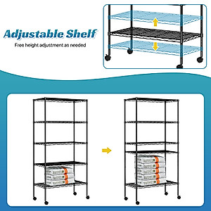WYGMAV 5-Tier Wire Shelving Unit Adjustable Metal Storage Shelving Commercial Storage Shelves with Wheels Heavy-Duty Metal Storage Rack for Pantry, Restaurant, Garage, Kitchen, Black