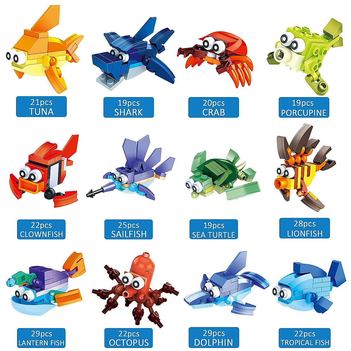 Party Favors for Kids Goodie Bags ,12PCS Mini Building Blocks Ocean Animal, Sea Creatures Building Blocks Set，Building Sets Stem Toys for Birthday Party Gift,Goodie Bags, Prize,Cake Topper