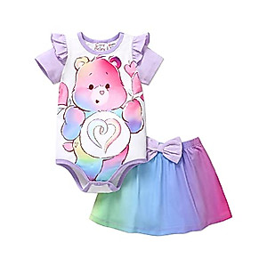 PATPAT Care Bears 2Pcs Baby Girl Clothes Bear Print Ruffle Short Sleeve Romper and Rainbow Ombre Skirt Set Ombre 6-9 Months