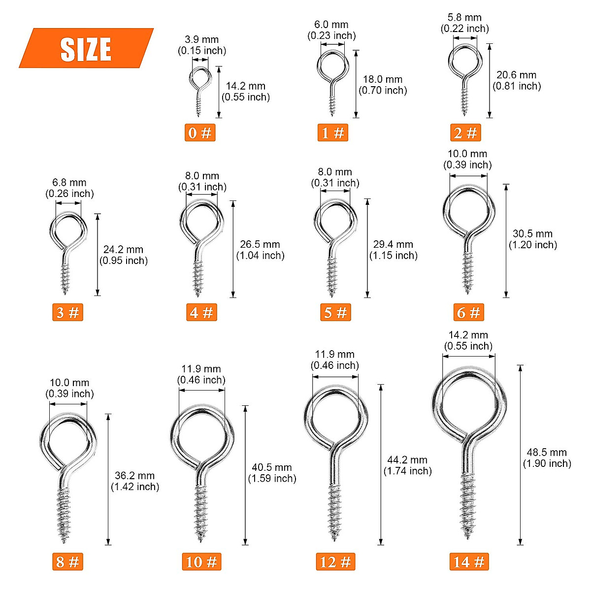 HELIFOUNER 200 Pieces 11 Sizes Nickel Plated Steel Screw Eyes Assortment Kit