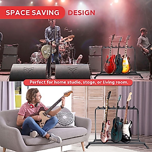 Pyle Multi-Guitar Stand 7 Slot Display Rack - Universal Framework Designed for Electric, Acoustic, Bass Guitars & Cases - Foldable, Portable, and Protective with No-Slip Non-Scratch Padding - Black