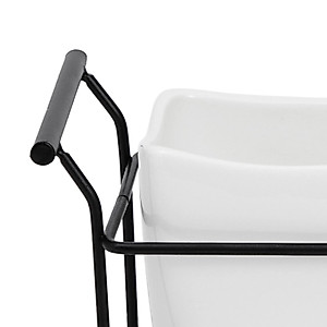 White Ceramic Utensil Holder, Flatware Caddy with Metal Stand (13 x 4 x 5 In)