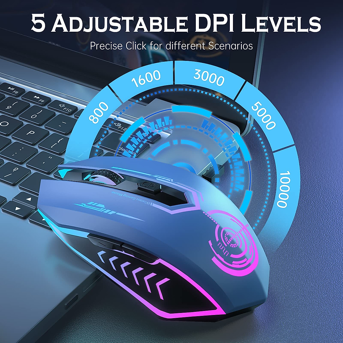 UHURU Gaming Mouse, Wireless Gaming Mouse with 6 Buttons 7 Changeable LED Color up to 10000 DPI, Rechargeable USB Gamer Mouse for PC Laptop (Blue)