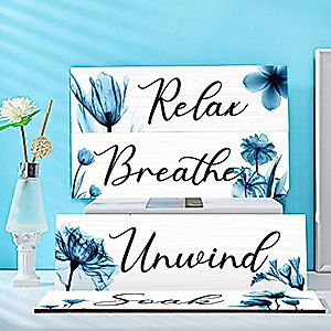 Maitys 4 Pieces Bathroom Wall Art Decor Relax Soak Unwind Breathe Elegant Tulip Rustic Farmhouse Bathroom Wood Hanging Sign Bathroom Wooden Wall Plaque for Home (Blue)