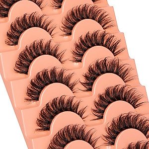 Lashes Mink False Eyelashes Natural Look Fluffy Wispy Eye Lashes with Clear Band 18MM Fake Eyelashes D Curl Strip Cat Eye Lashes 7 Pairs Pack