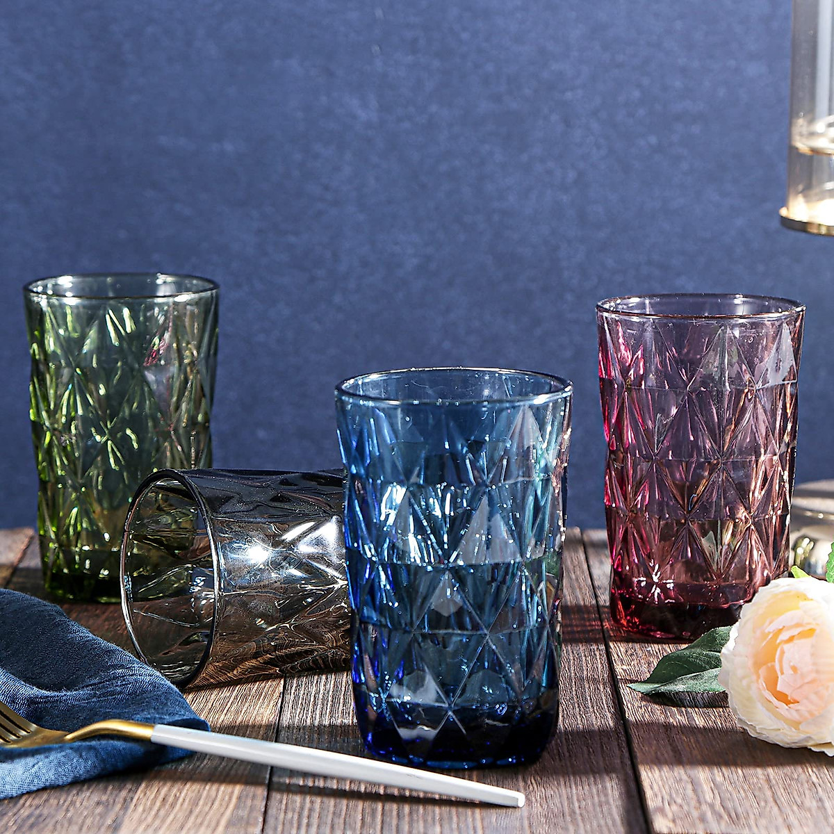 Bandesun Drinking Glass set of 6 Modern Glassware Diamond Pattern Tumbler Cup（12 OZ），for Water，Cocktail，Milk，Juice and Beverage