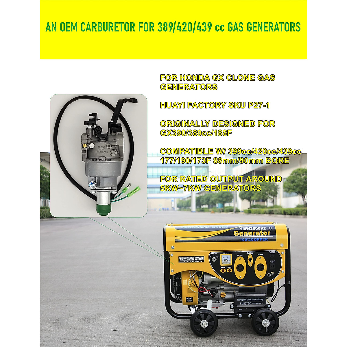 YAMAKATO Huayi P27-1D Gasoline Generator Carburetor Kit OEM for Champion Predator Generac 420cc 439cc 459cc GX390 Powered 6500 8750 9000 5500 7000 8000 7500 9500 etc.…