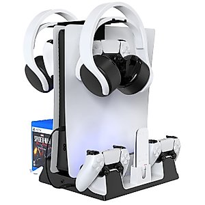 EJGAME Stand with Suction Cooling Fan and Dual Controller Charger Station Compatible with PS5 Console and PS5 Digital Edition, Built-in Headset Holder,Media Remote Stand and14 Game Rack Organizer