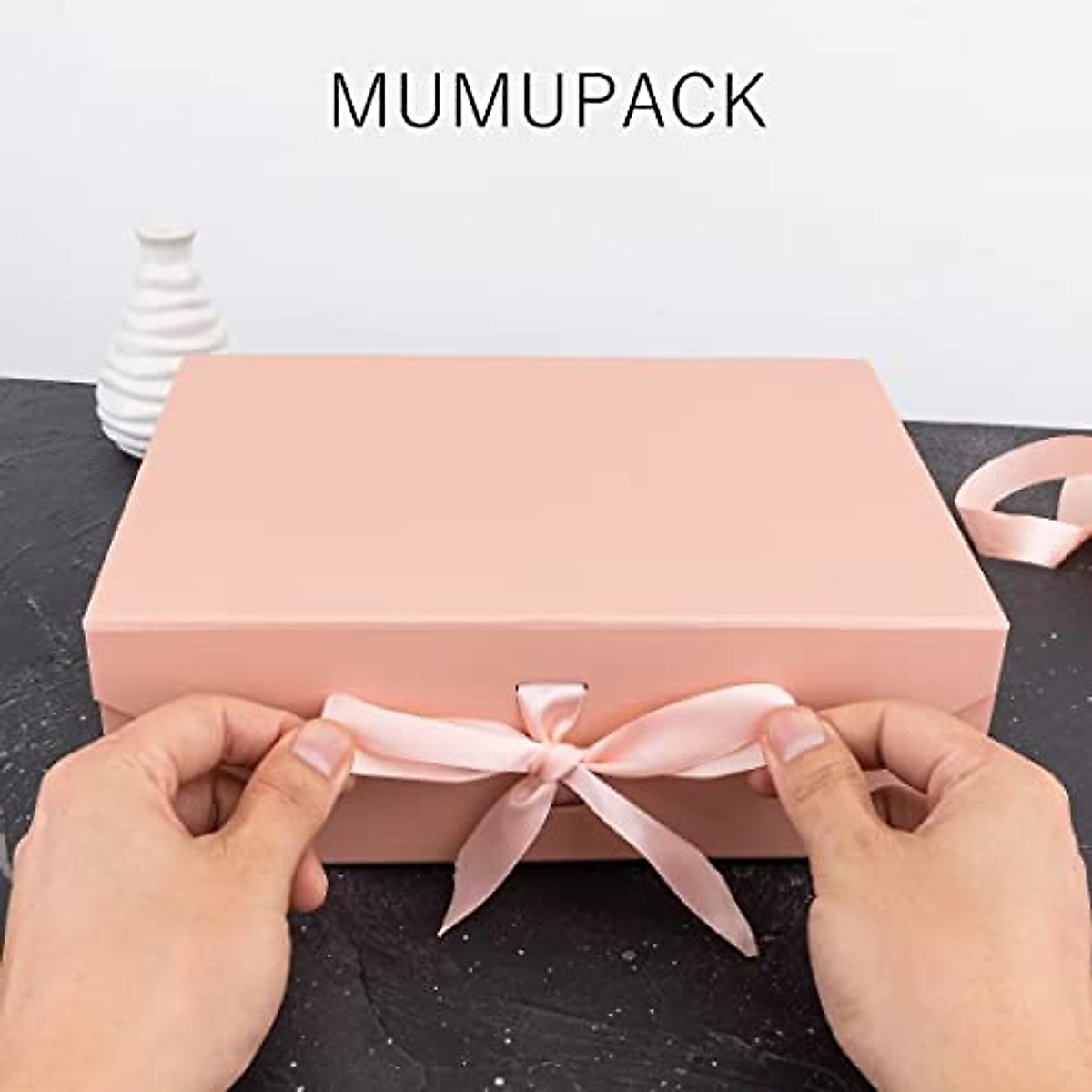 MUMUPACK 5 Pink Gift Boxes with Lid for Presents 8x7x3.3 Inches with Ribbon and Magnetic Closure, Collapsible Matte Textured Finish Box for Mother's Day, Birthdays, Bridal Gifts,Weddings