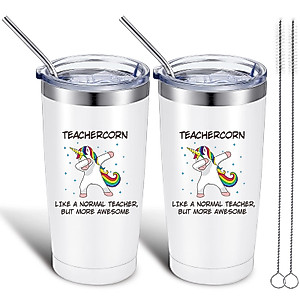 2 Pieces Teacher Unicorn Tumblers Teacher Graduation Gifts, Teacher Appreciation Gift Ideal for Teacher's Day Birthday, 20 oz Stainless Steel Travel Mugs with Lids Straws and Brushes (White)