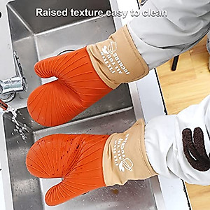 Silicone Oven Mitts with Quilted Liner and Non-Slip Grip, Extra Long Oven Mitts Heat Resistant, Kitchen Mitts Perfect for BBQ, Baking, Cooking and Grilling - 1 Pair 13.6 Inch Orange