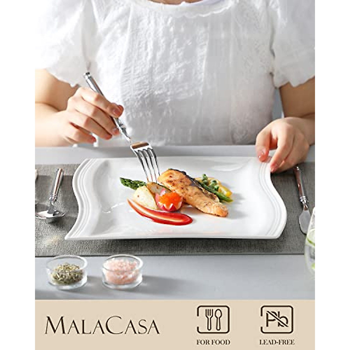 MALACASA White Square Dinner Plates - 10 Inch Porcelain Serving Plates Set of 6, Modern Ceramic Salad Dessert Plates, Dishwasher, Oven and Microwave Safe Kitchen Plates, Series Flora
