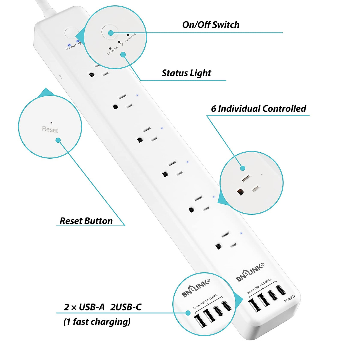 BN LINK Smart Plug Power Strip，Surge Protector with 6 Individually Controlled Smart Outlets, 4 USBs (incl. 20W USB-C), Compatible with Alexa and Google Home
