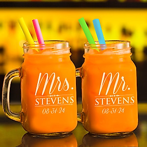 My Personal Memories Set of 2 Mr and Mrs Personalized Mason Jar Glasses - Engraved, Custom, Monogrammed Barware Glassware Gifts