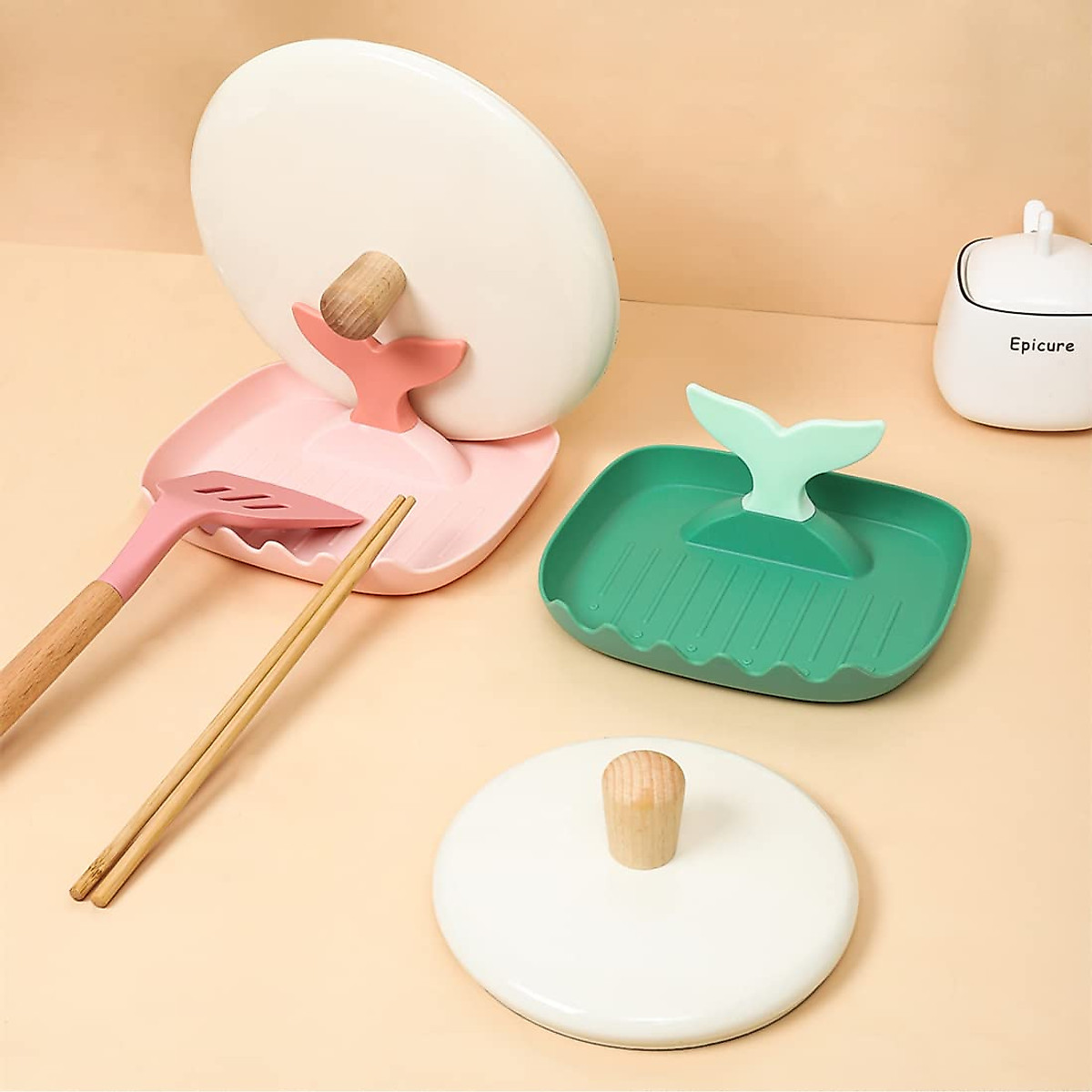 Kitchen Spoon Rest Holder with Drip Pads, Heat-Resistant Utensil Rests for Stove Counter Top,Spoon Rest with Pot Lid Holder，BPA Free Silicon Spatula Rest Organizer for Ladles, Tongs, Forks (Green)