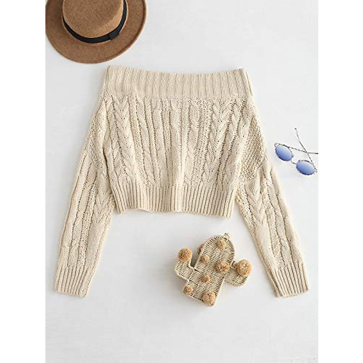 ZAFUL Women Off Shoulder Cable Knit Crop Tops Sweater Long Sleeve Cropped Pullover Sweaters Batwing Jumper