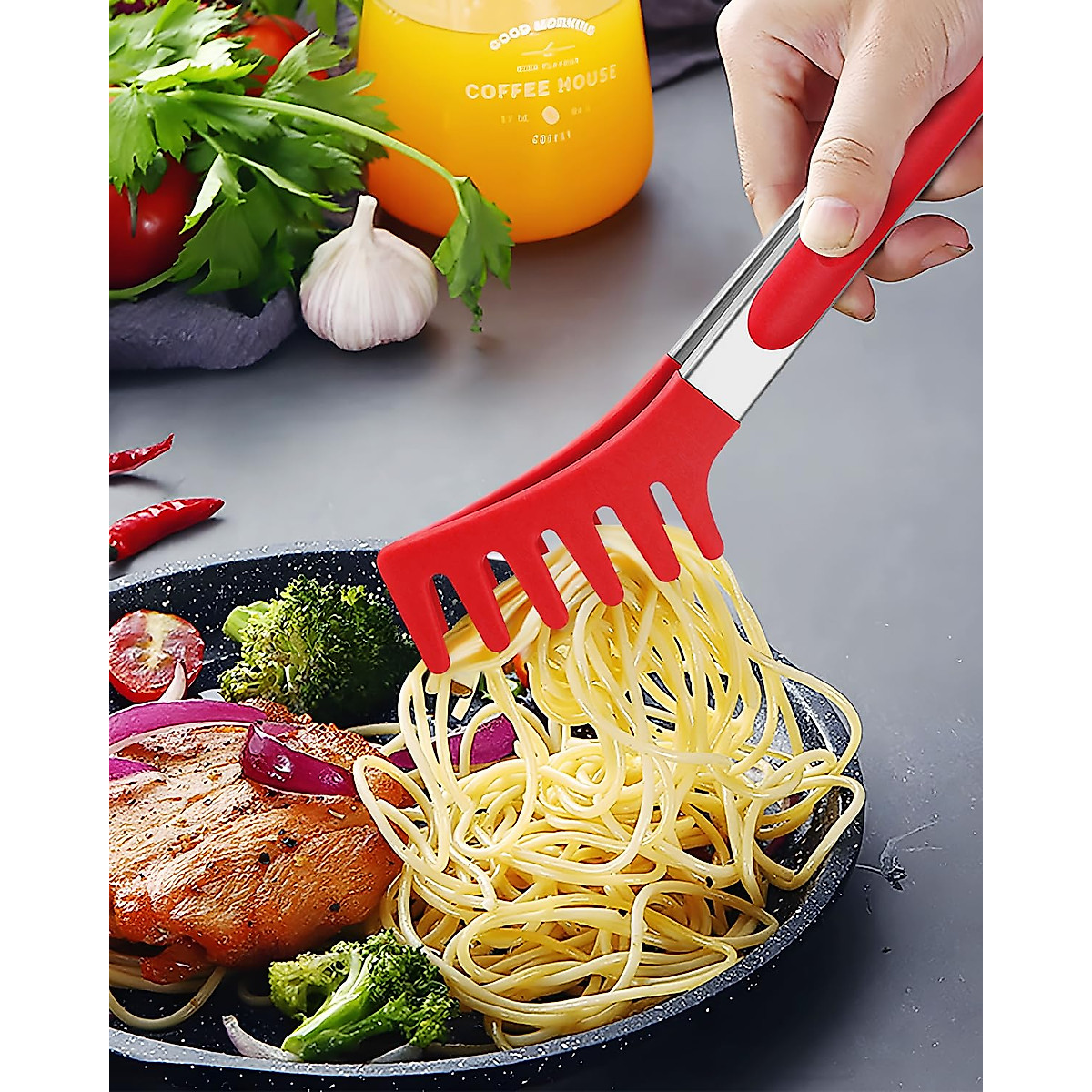 Spaghetti Spoon and Pasta Tong, Non-stick Silicone Spoon Server Fork with teeth and Stainless Steel Handle Spaghetti Tong, Food Clip for Spaghetti Noodle, Red