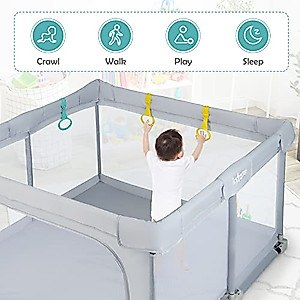 INFANS Baby Playpen Foldable, 50’’x50’’ Large Baby Playard for Toddlers with Gate, Soft Visible Mesh, Indoor Outdoor Kids Activity Center Baby Fence with 4 Handlers 50 Ocean Balls (Gray)