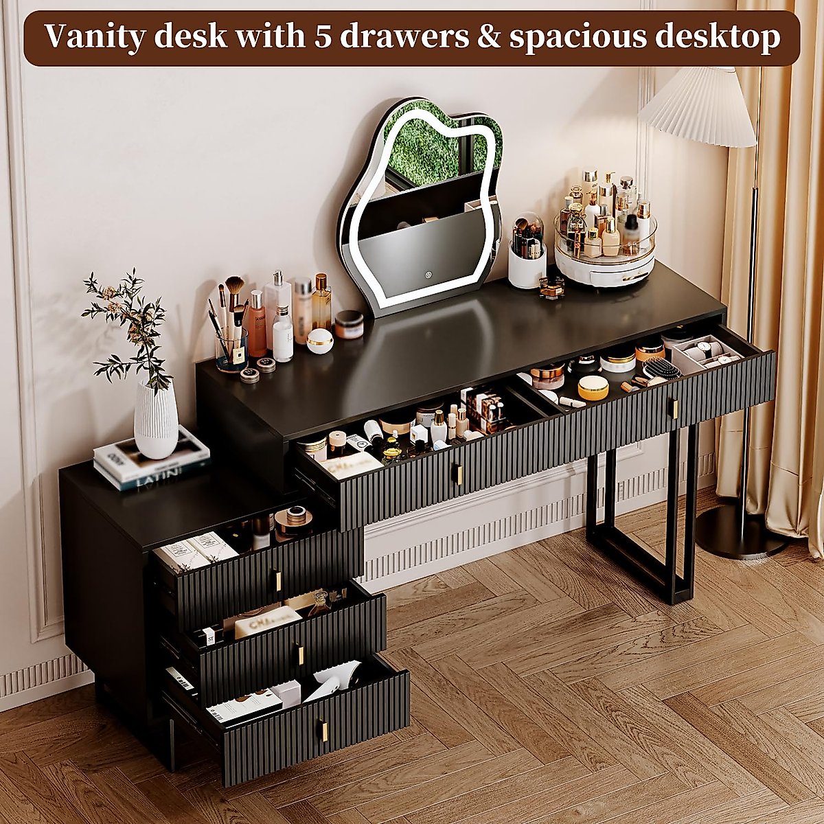 Ieejdn Makeup Vanity Desk with Cloud Lighted Mirror with Power Outlet and LED Strip, 3 Color Lighting Modes with Adjustable Brightness, 5 Large Drawer Vanity Table,for Bedroom, Grey