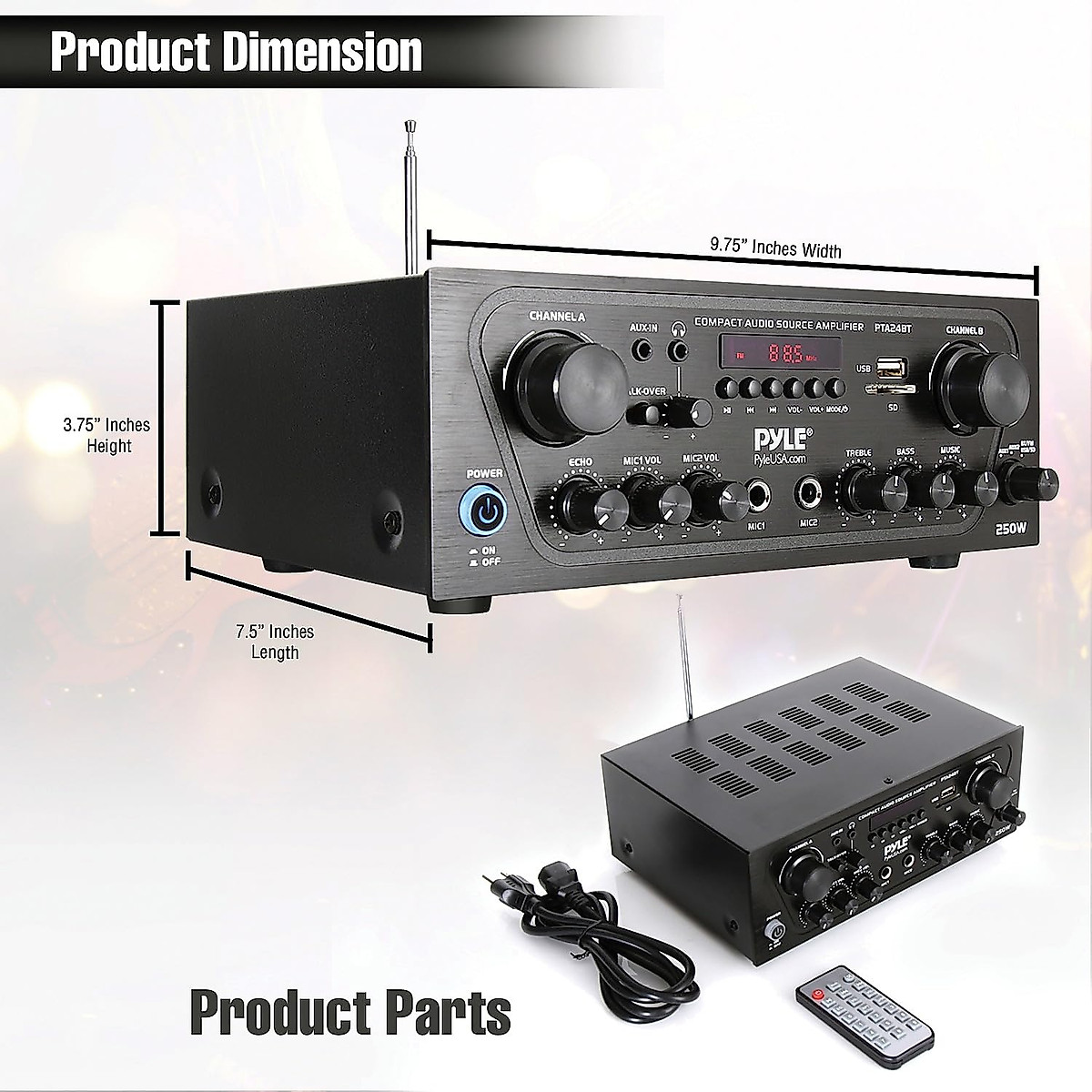 Pyle -Upgraded- 2 Channel Karaoke Home Audio Amplifier w/Bluetooth for Streaming, AUX-in, USB, 2 Microphone Input w/Echo Effect, Talkover for PA, Compact Footprint, Black