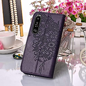 Butterfly Leather Case for Sony Xperia 1 III with Credit Card Holder Slots Kickstand Flip Folio Leather Magnetic Wallet Case with Wirst Strap Case for Sony Xperia 1 III
