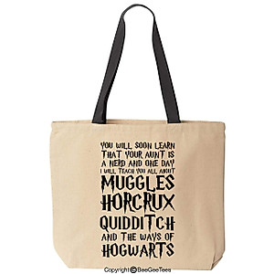 BeeGeeTees You Will Soon Learn That Your Aunt is A Nerd Funny Wizard Reusable Canvas Tote Bag (Black Handle)