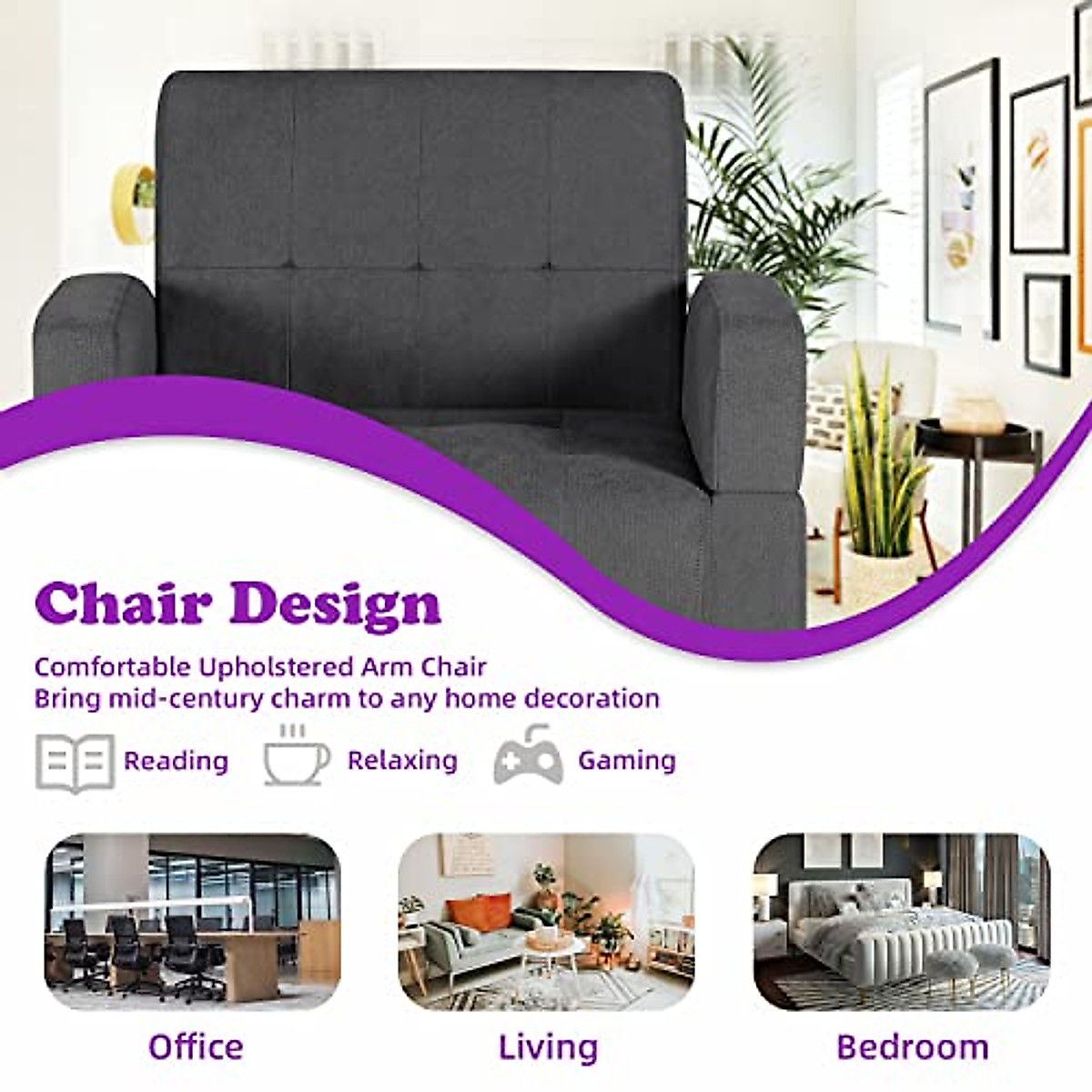 TYBOATLE Mid-Century Modern Upholstered Fabric Living Room Accent Arm Chairs Set of 2, Tufted Bedroom Office Armchair Single Sofa, Reading Lounging Side Lounge Chair Living Room Furniture (Grey)