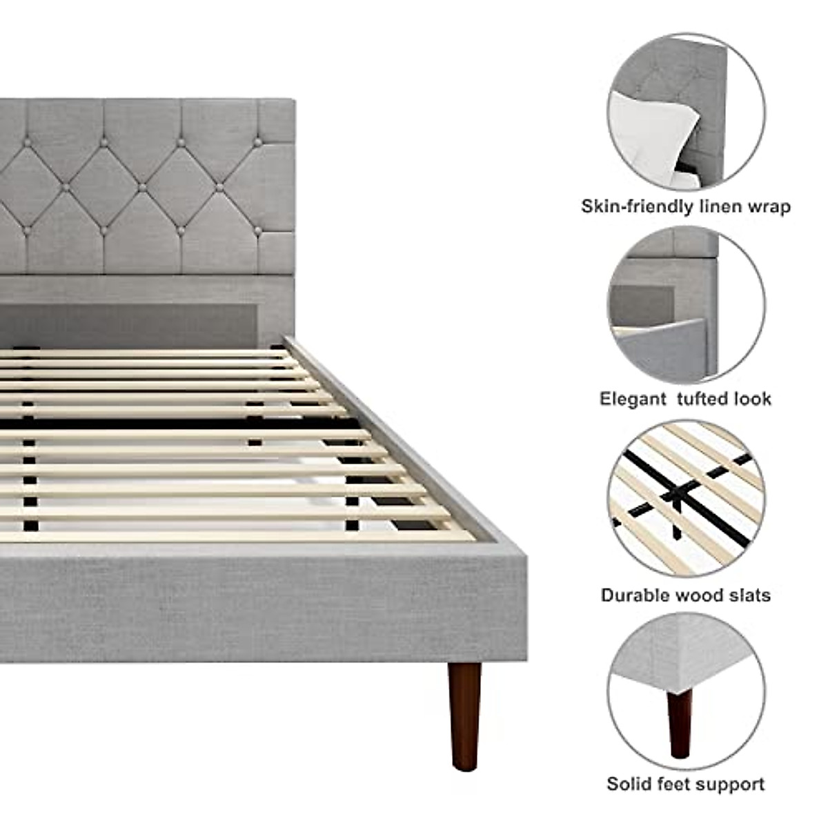 Yegee Upholstered Platform Bed Frame Wood Slat Support No Box Spring Needed Deep Button Tufting Headboard Solid Wood Foot (Grey, Queen)