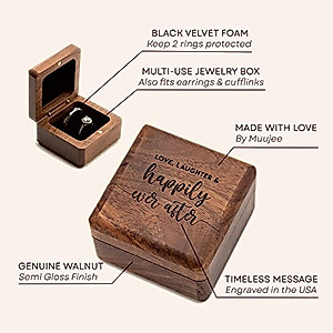 MUUJEE Love, Laughter & Happily Ever After Double Ring Box - Engraved Wooden Ring Case Box for Wedding Ceremony Engagement Proposal Ring Bearer Box - Anniversary Birthday Gift Ideas