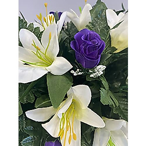 Spring or Easter Cemetery Flowers for Headstone and Grave Decoration-Purple Rose and Lily Mix Saddle