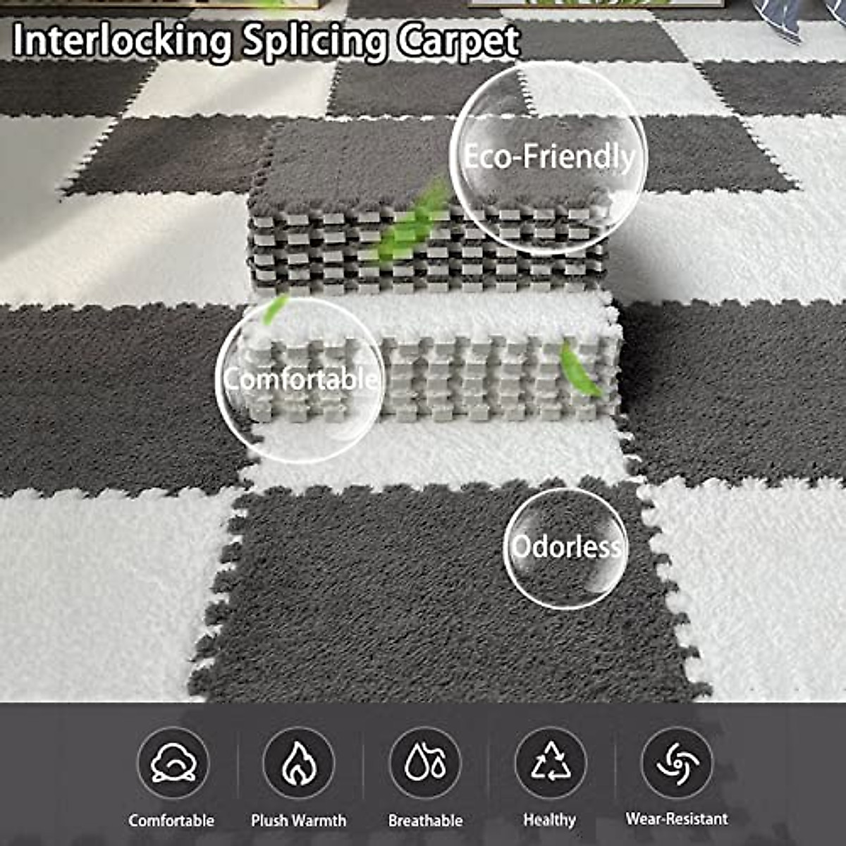 9/12/15/16 Pcs Interlocking Foam Carpet Tiles,Soft Fluffy Plush Area Rug Mat,Crawling Playmat Puzzle Mat,for Bedroom, 12X12inch, 0.4 Inch Thicken Foam,Grey+Rose red,16 PCS