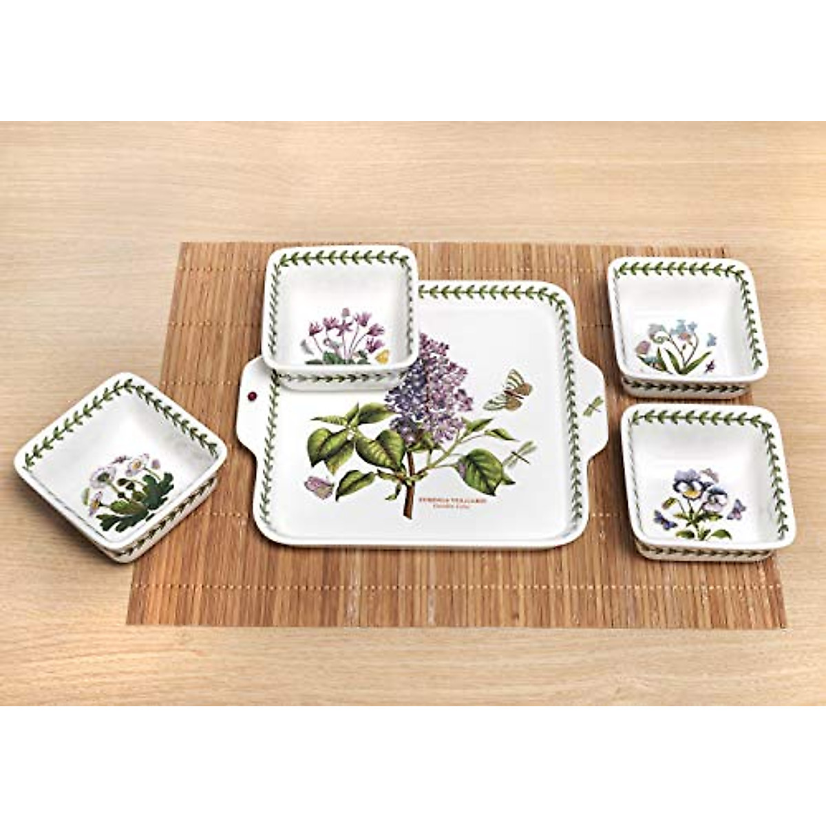 Portmeirion Botanic Garden 5-Piece Accent Bowl Set | 8 Inch Handled Plate with 3.75 Inch Square Bowls | Assorted Floral Motifs | Made from Porcelain | Microwave and Dishwasher Safe