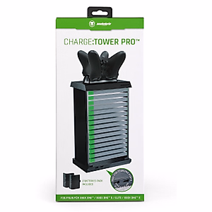 Snakebyte XBOX One Charge Tower Pro - Twin Docking Station with Games Tower for 15 Games, Charger and Battery Packs for 2 Controllers and 2 USB Ports / Gamepad for XBOX One USB Charging Station
