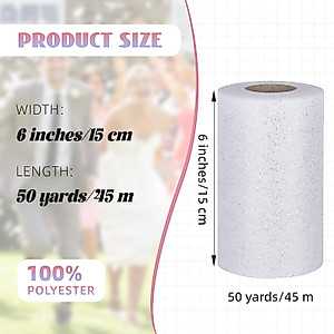 Glitter Tulle Rolls 6” by 50 Yards Sparkle Tulle Fabric Ribbon Sequin Tulle Netting Rolls for DIY Tutu Skirt Wedding Birthday Party Decoration (White/Silver-New)