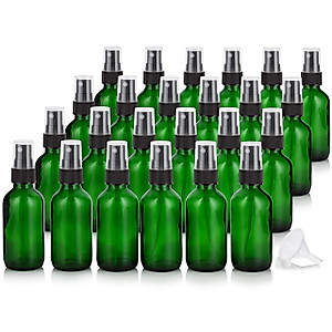 JUVITUS (24 Pack) 2 oz Green Glass Boston Round Bottle with Black Fine Mist Spray + Funnel