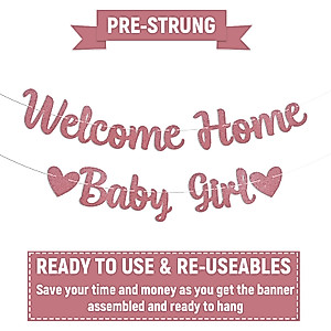 Welcome Home Baby Girl Banner - Pink Baby Shower Decorations for Girl, Gender Reveal Baby Shower Inside Outside Decoration Rose Gold Glitter