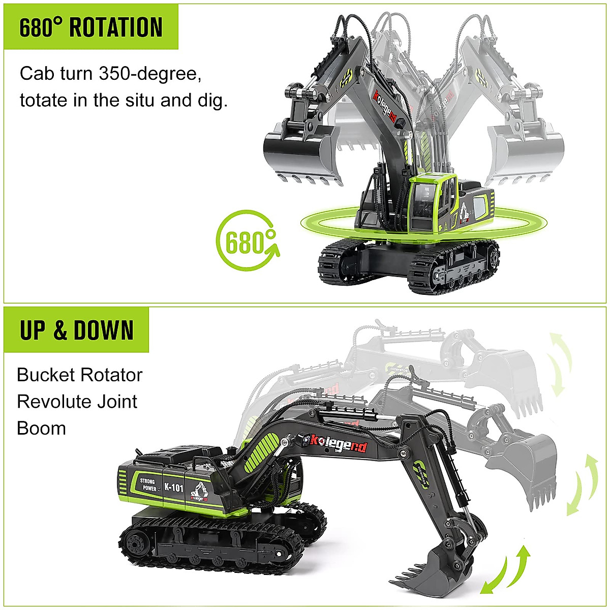 kolegend 11 Channel Remote Control Excavator Toy Truck, 1/18 Scale RC Toys Excavator Construction Vehicles for Boys Girls Kids RC Tractor with Lights Rechargeable Battery