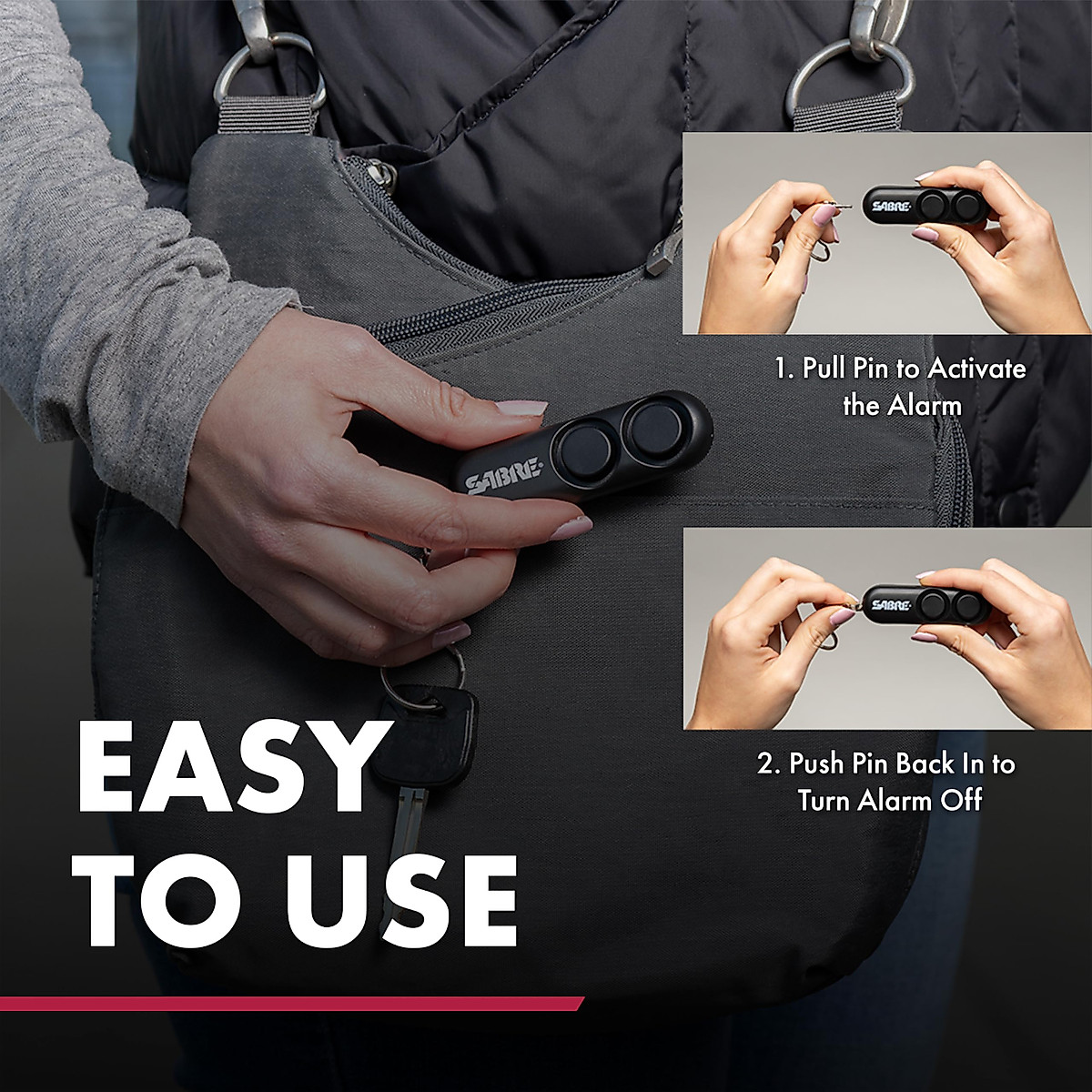 SABRE Personal Alarm With Key Ring, 120dB Alarm, Audible Up To 1,280 Feet (390 Meters), Simple Operation, Reusable, Black