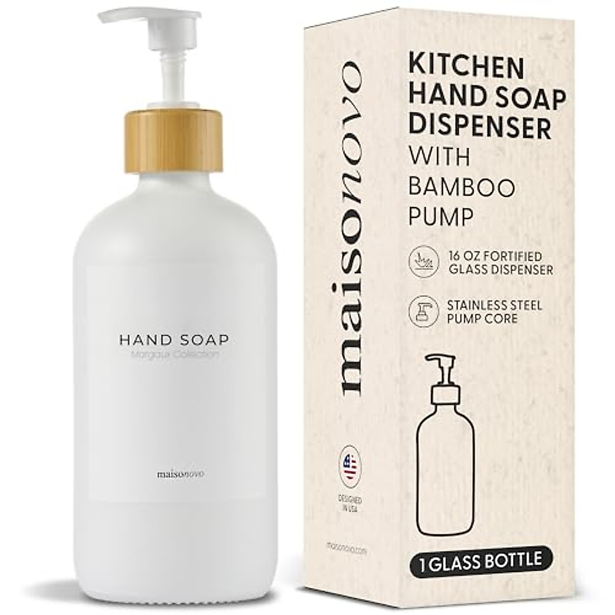 MaisoNovo Soap Dispenser 1-Piece Set | 16.9oz White Bottles with White Bamboo Pump