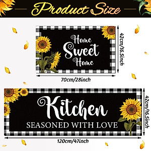 Tatuo Sunflower Kitchen Mat Set of 2 Farm Non Slip Thick Kitchen Rugs and Mats Plaid Waterproof Anti Fatigue Mats for Kitchen Floor Kitchen Rug Runner Standing Mat, 17 x 47 Inch, 17 x 28 Inch