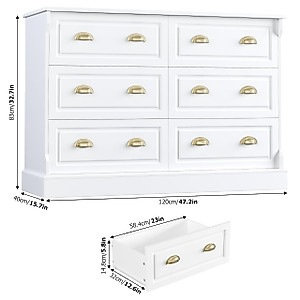 FACBOTALL 6 Drawer Dresser,White Dresser for Bedroom,Dressers with Drawers, Dressers Chest of Drawer with Gold Handle for Living Room,Closet,Corridor,Bedchamber