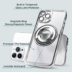 Tcaraersing Magnetic Invisible Stand Case for iPhone 13 Pro Max, Compatible with MagSafe, Built-in Camera Lens Protector, Luxury Plating Clear Shockproof Slim Thin Cover iPhone 13 Pro Max 6.7''-Silver