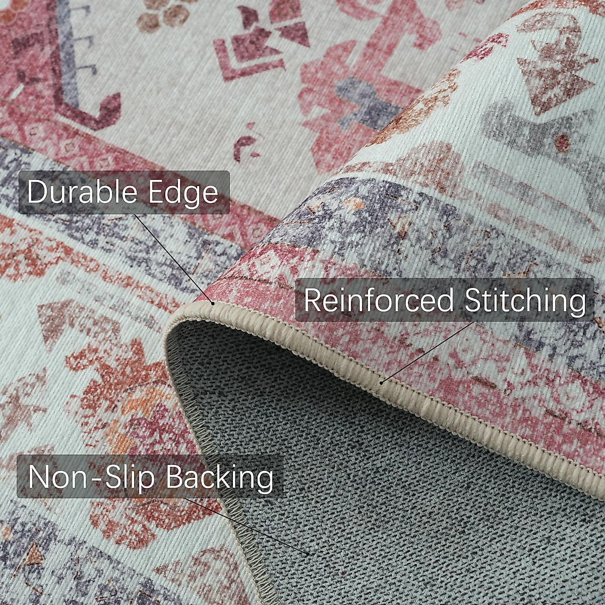 BRICHOEE 8x10 Rugs for Living Room Boho Washable Rug Large Non-Slip Distressed Area Rug Oriental Neutral Print Floor Rug Indoor Stain Resistant, Berry Multi