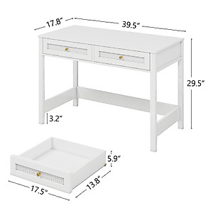 Vikiullf White Desk with Drawers - 39 in Small Modern Study Writing Table Makeup Vanity Desk for Small Spaces Home Office Desk with 2 Rattan Drawers
