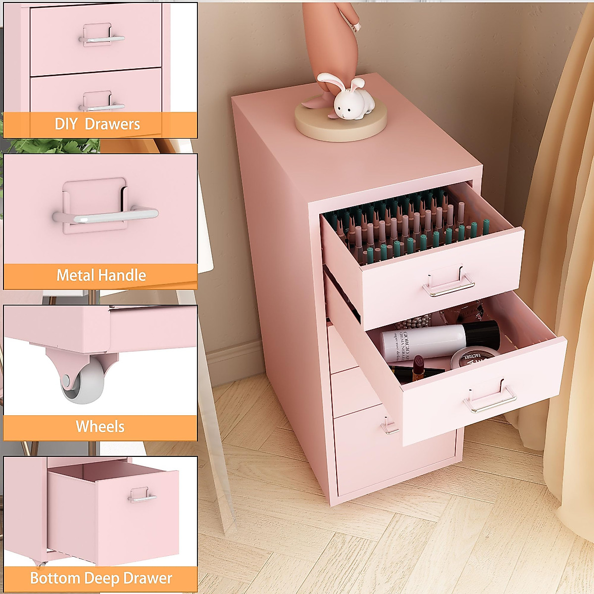 MIOCASA 5 Drawer Metal File Cabinet Mobile Underdesk Chest for Home Office (Pink)